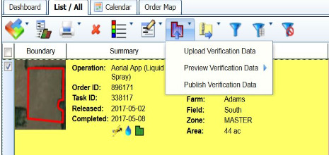 Orders: Upload verification data, spray data logs